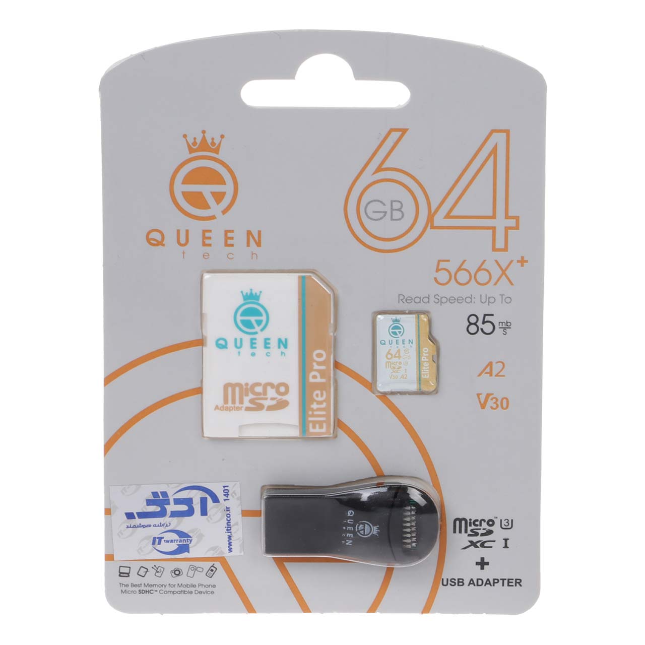 queen-tech-microsdhc-adapter-رم-ریدر-u3-class-10-566x-plus-85mb-s-64gb-مشکی