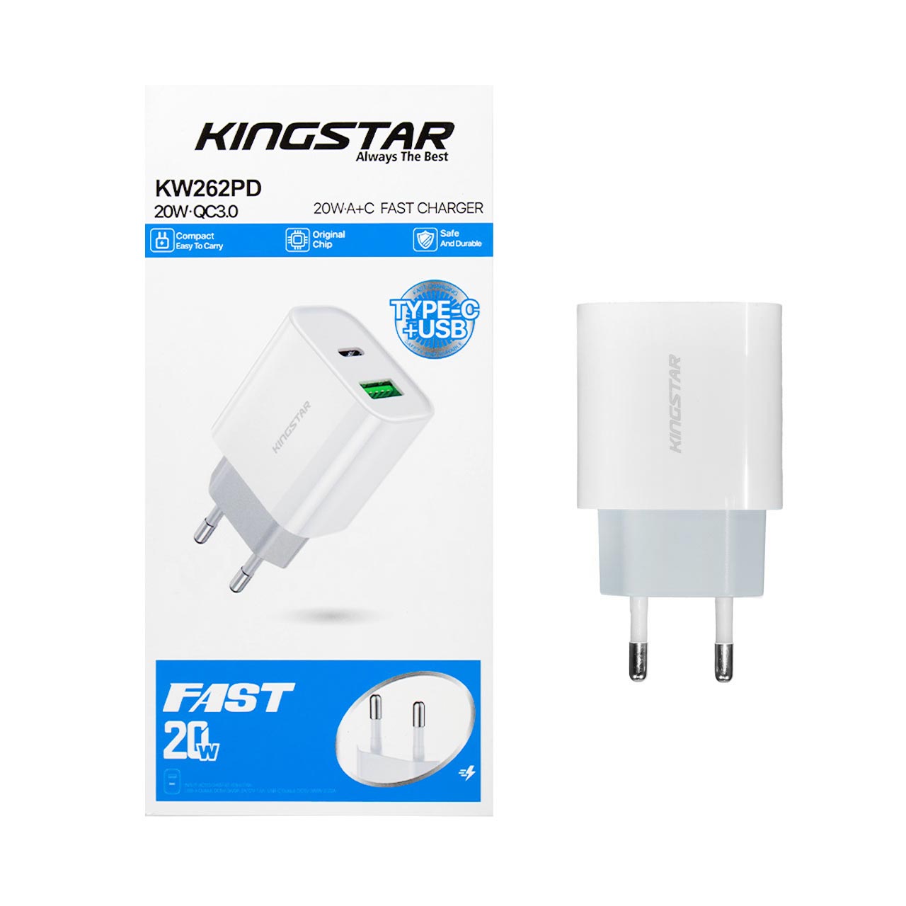 شارژر دیواری 20 وات فست شارژ و PD دو پورت کینگ استار مدل KW262PD